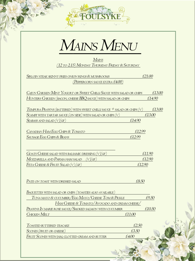 Mains Menu - The Foulsyke